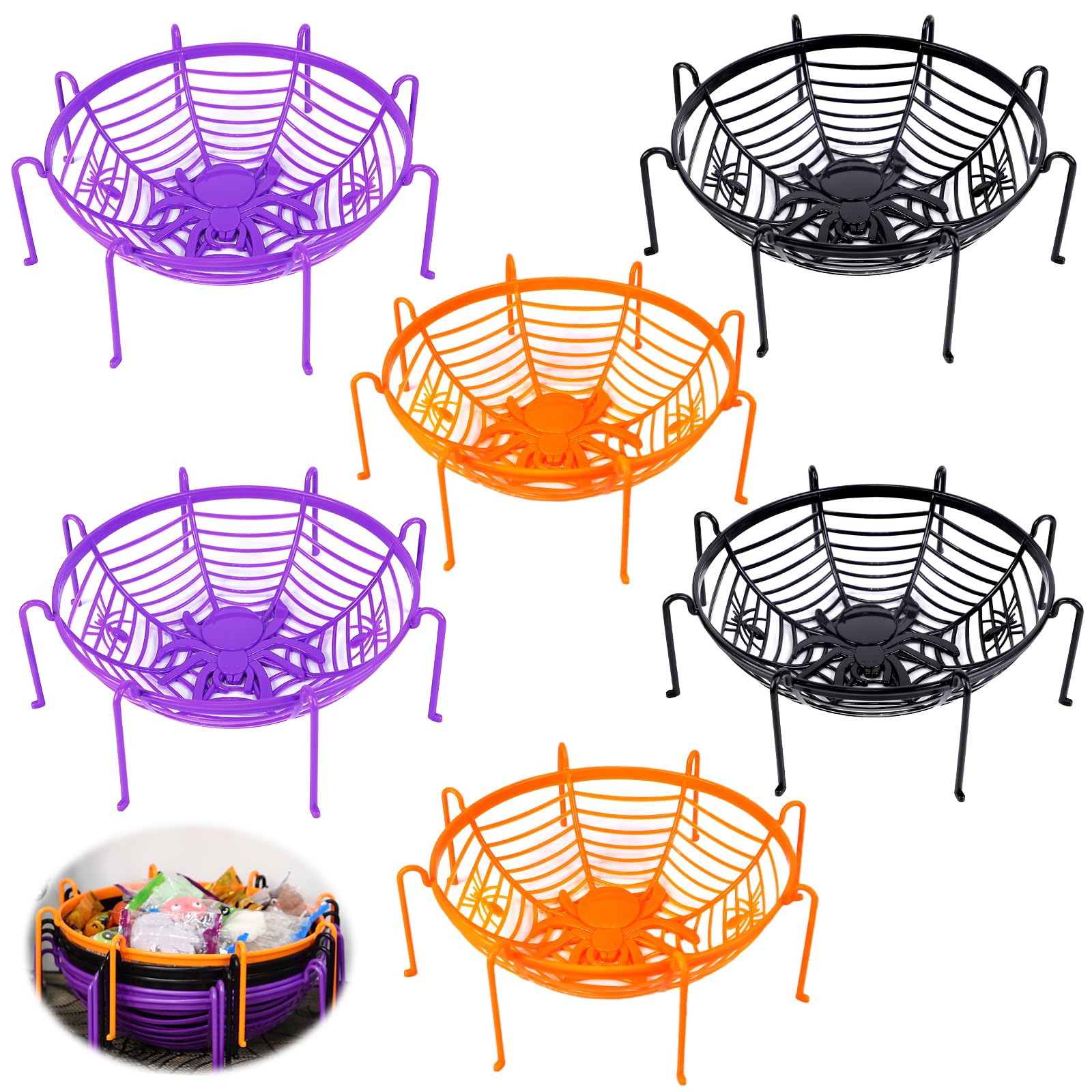 TURNMEON 6 Pcs 12.2 Inch Large Size Halloween Candy Bowls, Spider Web Bowls Halloween Decorations Black Orange Purple Halloween Bowls Trick Or Treat Halloween Candy Dish Party Table Desk Home Decor