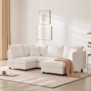 WIIS' IDEA Convertible Sectional Sofa Couch,2 Pillows,5-Seat Couch with Convertible Ottoman,Various Combinations,L-Shape Indoor Furniture for Living Room,Apartment,Office（White）