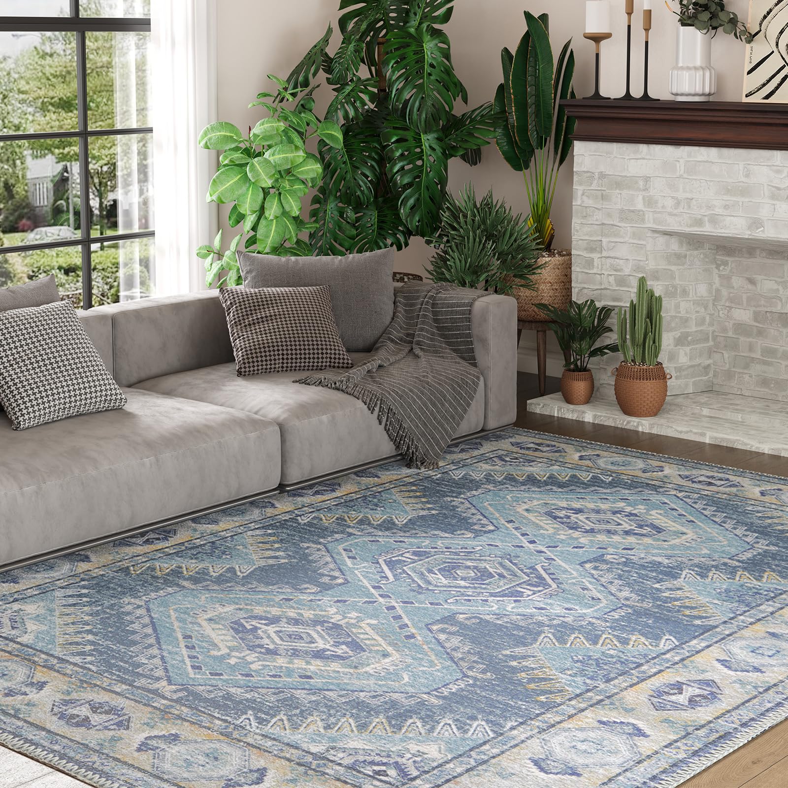 Belffin Boho Area Rugs 4x6 Washable Living Room Moroccan Rug, Thin Towelling Area Rugs, Soft No-Slip Foldable Indoor Carpet for Bedroom, Dining Room, Kitchen, Blue