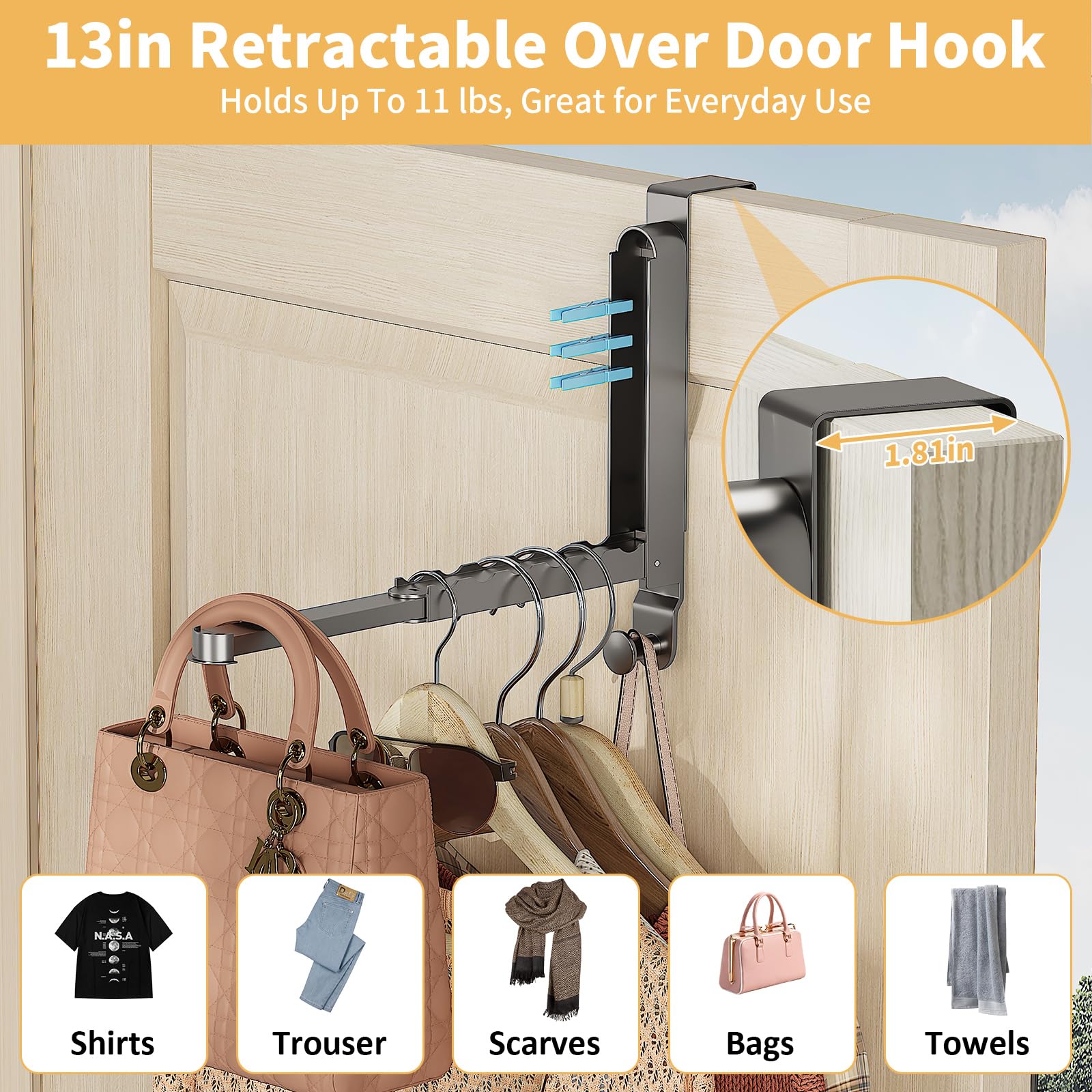 ROLIZOE 13.1in Foldable Over The Door Hooks Hanger with Expandable Bar, Space-Saving Over Door Drying Rack for Clothes, Towels, Coats, Laundry Drying Rack with 6 Grooves for Bedroom, Bathroom, Gray