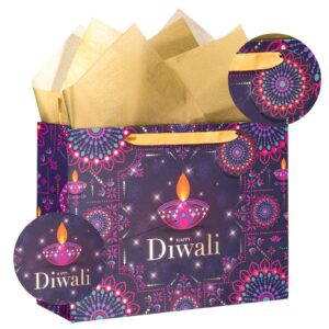 Loveinside Diwali Gift Bag with Tissue Paper, Gift Tag and Greeting Card for Diwali, Autumn, Holiday and Party - 13" x 5" x 10", 1 Pcs, Diwali