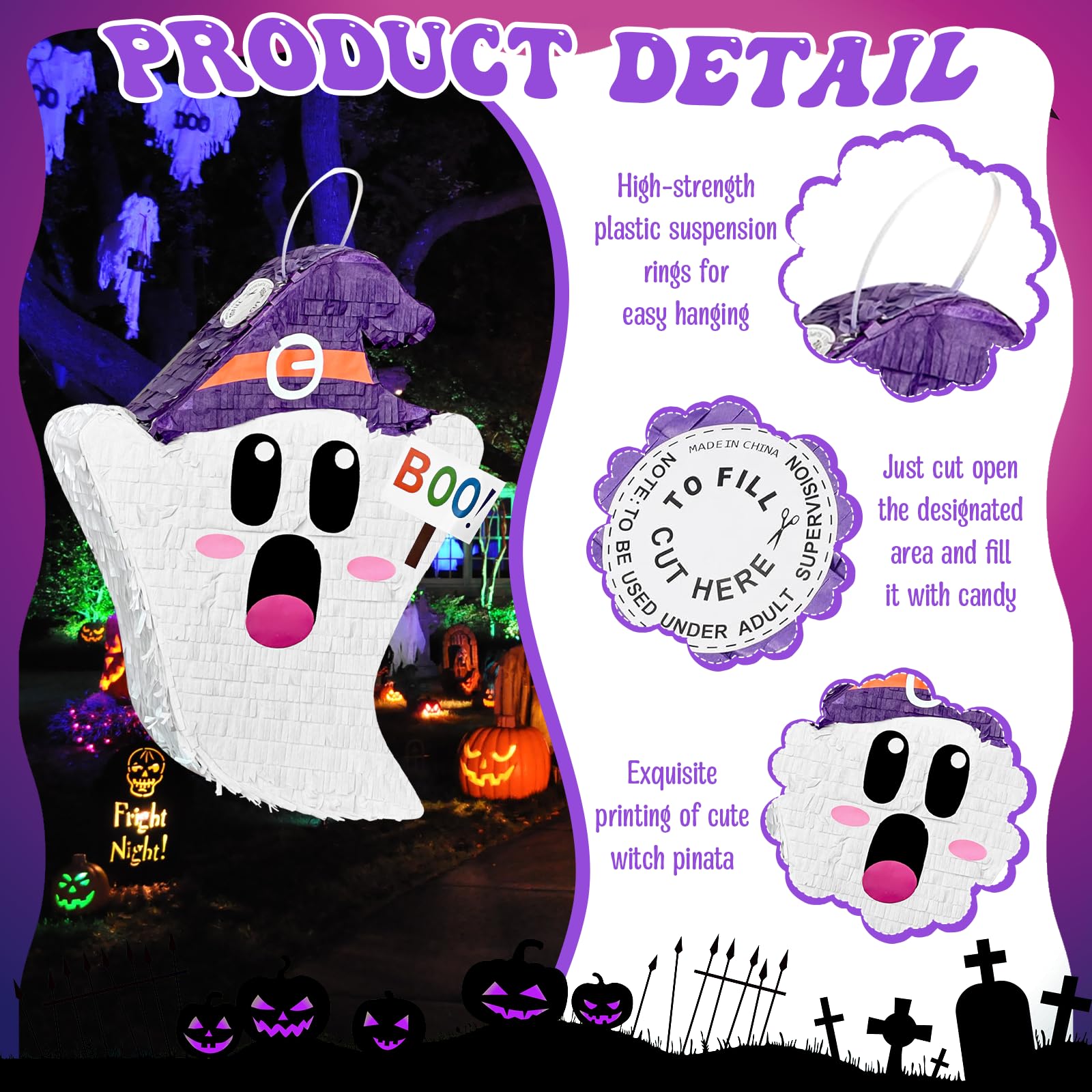 4 Pcs Halloween Ghost Pinata Set 17.7 x 13.7 Inch Cute Ghost Pinata with Stick Blindfold and Confetti for Halloween Birthday Party Game Supplies Decoration