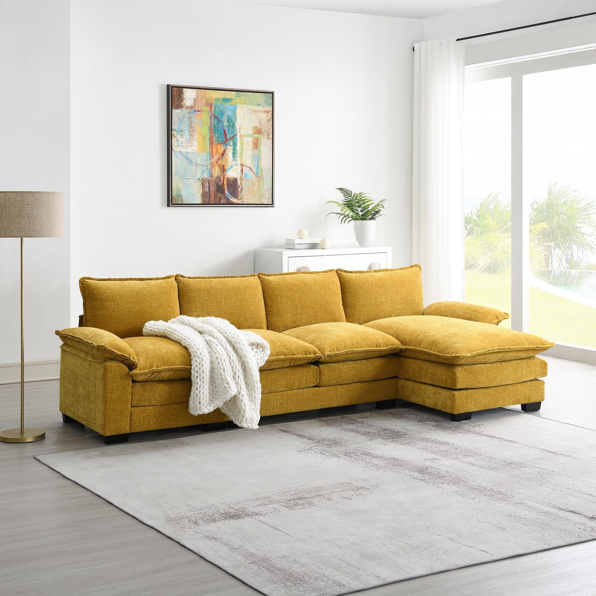 WIIS' IDEA 118"Modern Sectional Sofa Couch,L-shaped Chenille Sofa with Double Seat Cushions,5-seat Upholstered Indoor Furniture,Sleeper Sofa Couch with Chaise Lounge for Living Room,Apartment(Yellow)