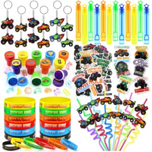 boikoky 110 pcs monster truck party favors birthday supplies with drinking straws, silicone bracelets, bubble wands, keychains, and monster truck pinata for boys goodie bag stuffers