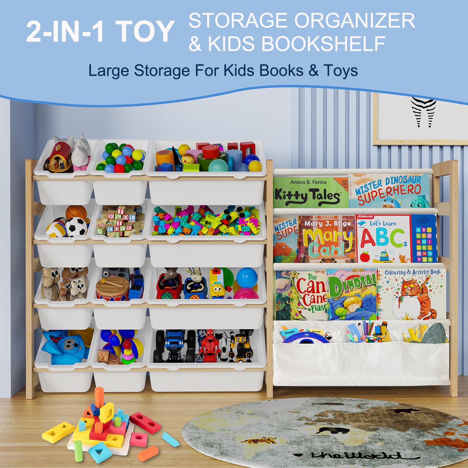 Large Toy Storage Organizer with 12 Toy Bins, Toy Organizers and Storage with Bookshelf for Kids, Playroom Organization and Storage Bins