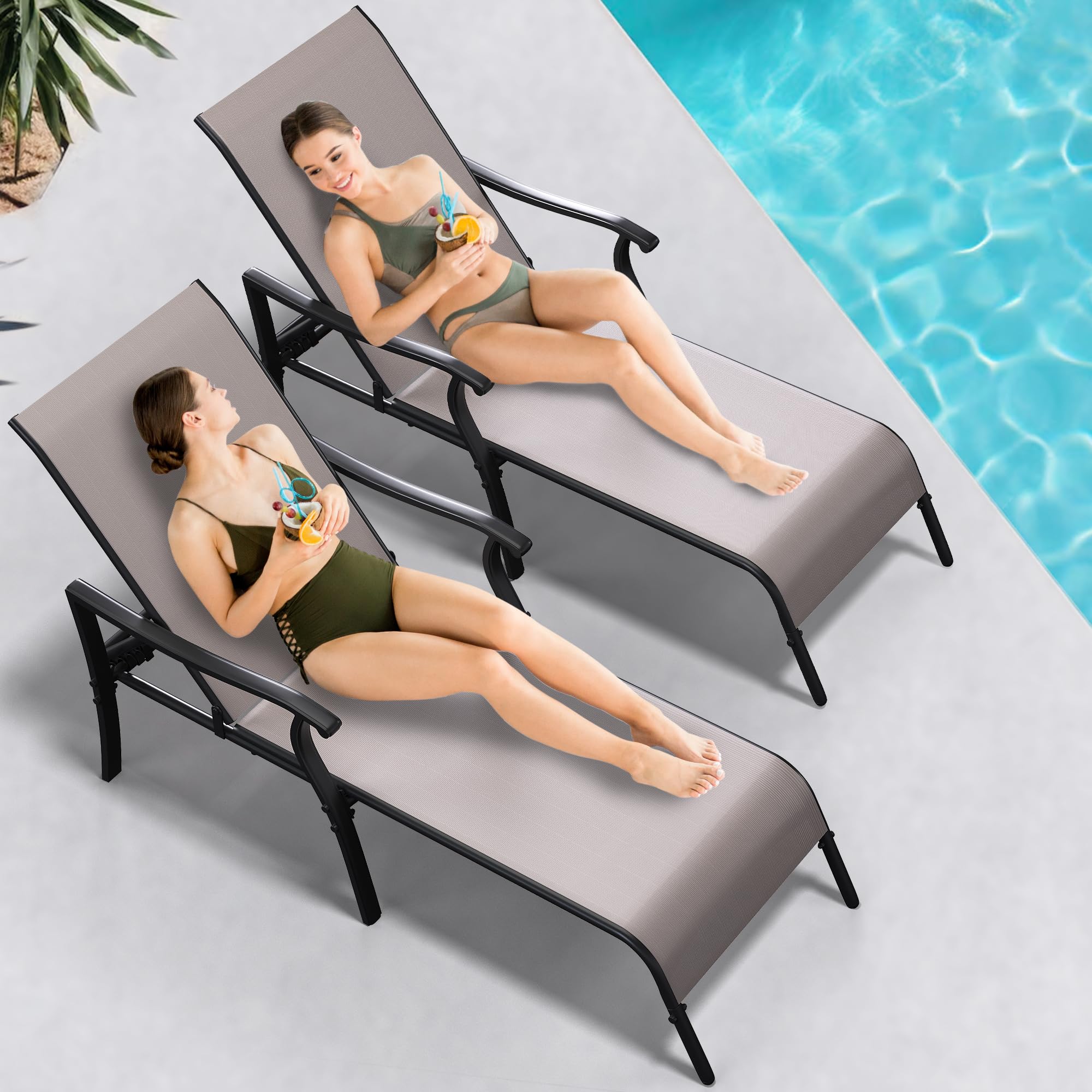 YITAHOME Pool Lounge Chair Set of 2, Chaise Lounge Outdoor w/5-Position Adjustable Backrest, Armrests, Weather Resistant & Easy to Assemble- Brown