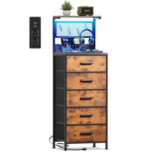 eknkozy nightstand 5 drawer dresser with led lights, charging station, metal mesh shelf with hooks, vertical side table with fabric drawers, end table, tall dresser for bedroom, entryway, rustic brown