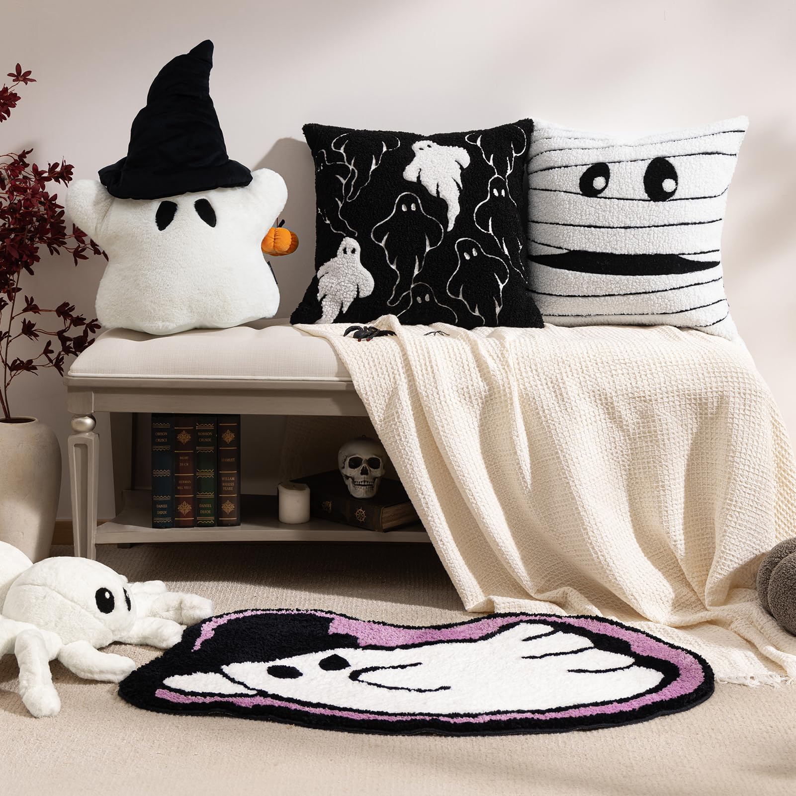 Phantoscope Happy Halloween Rug Ghost Shaped Area Rug, Soft Plush Mat for Front Door Living Bedroom Bathroom, Non-Slip Decorative Rug, Gothic Halloween Decor Door Mat, White/Purple 27.5 x 55 inch