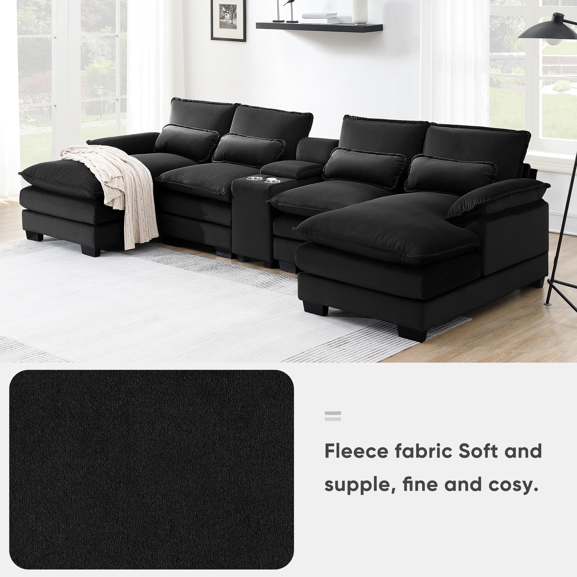 WIIS' IDEA 123" Modern Sectional Sofa Couch,U-Shaped Sofa with Console,Cupholders and USB Ports,6-seat Upholstered,Sleeper Couch Set with Chaise,Sectional Couches for Living Room,Apartment（Black）