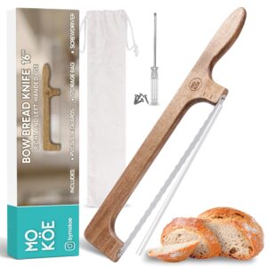 mo kÖe 16” wooden bread knife - double serrated stainless steel blade - bow knife for homemade & sourdough bread - ambidextrous design for right & left handed users