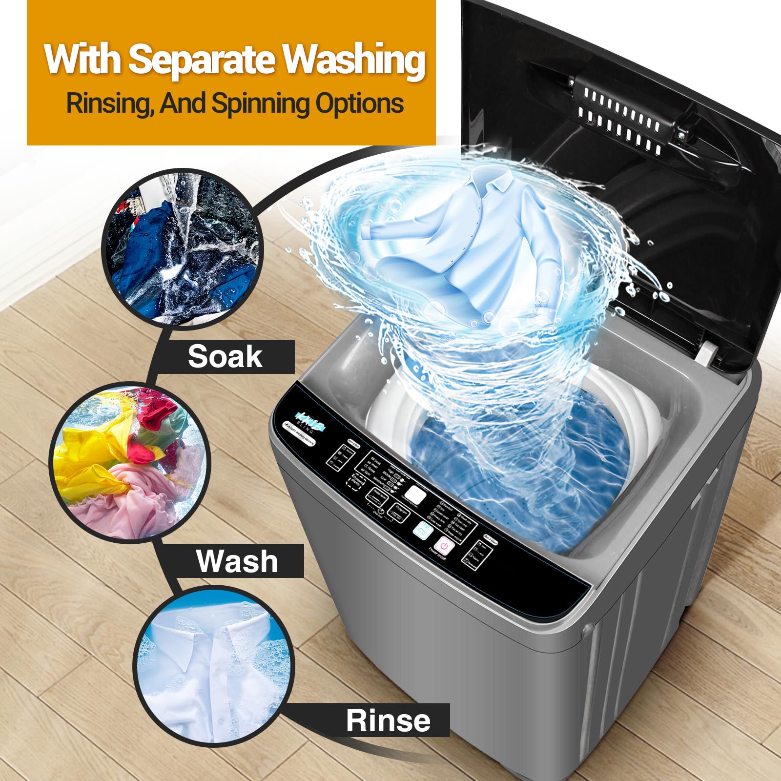 Full-Automatic Washing Machine, 17.7lbs Portable Washing Machine with Led Display, Portable Washer for Household 10 Wash Programs,Small Washing Machine for Apartment, Home, Dorm, RV(Grey)