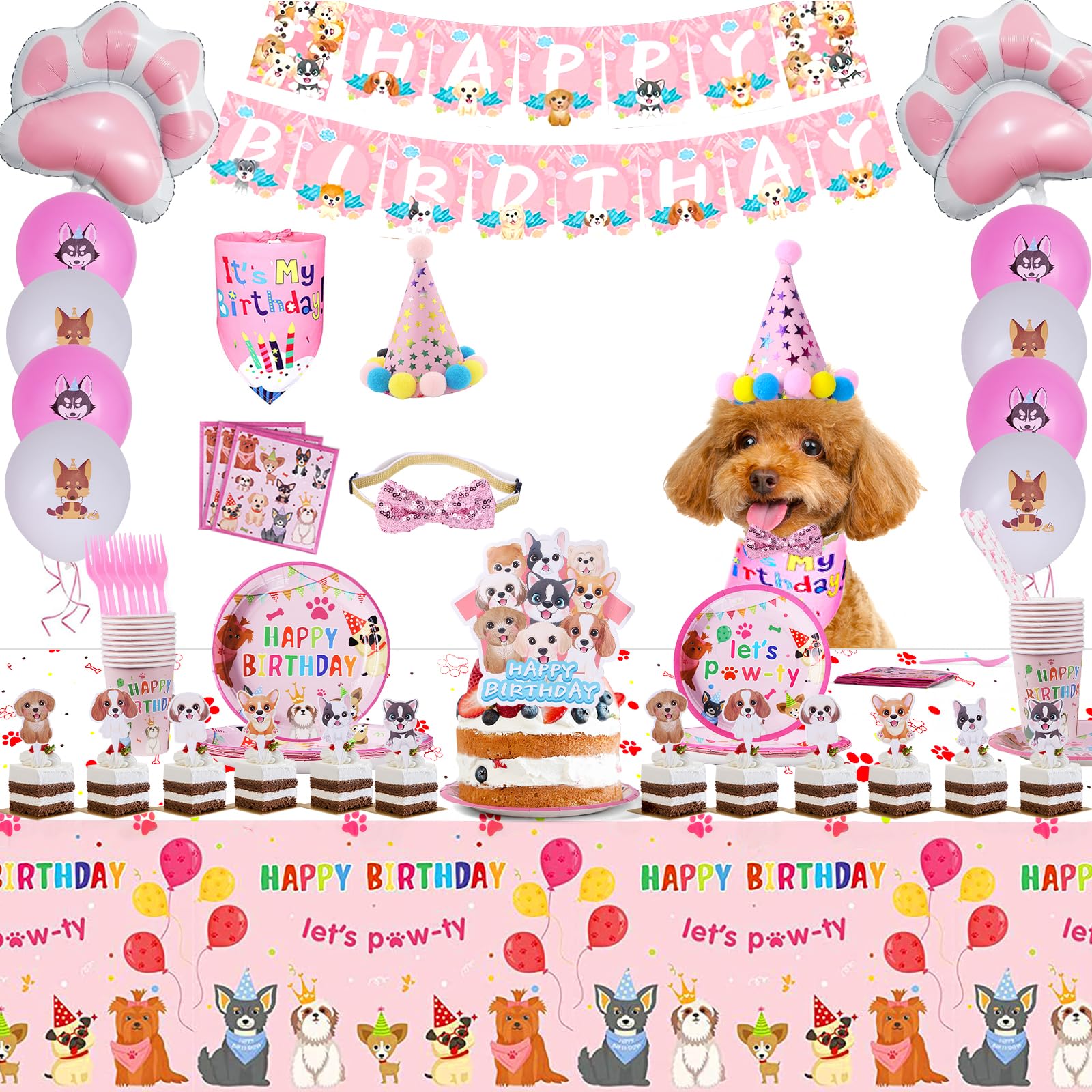 110pcs Dog Birthday Party Supplies,Dog Theme Party Favor Set Includes Hats,Bow Tie,Bandana,Birthday Banners,Balloon,Cake Topper,Cupcake Topper,Tablecioth,Plate,Fork,Cup,Straw