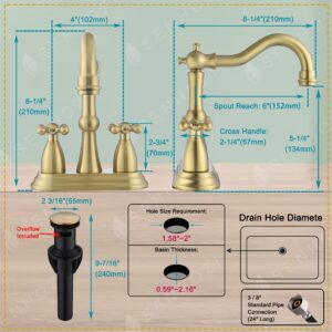 Antique Bathroom Faucet Brushed Gold, Senhozi Cross Handles Centerset Bathroom Faucet for Sink 3 Hole with Overflow Pop Up Drain Assembly and Supply Hose, SUS304 RV Bathroom Faucet 3 Hole, SE-0038-BG