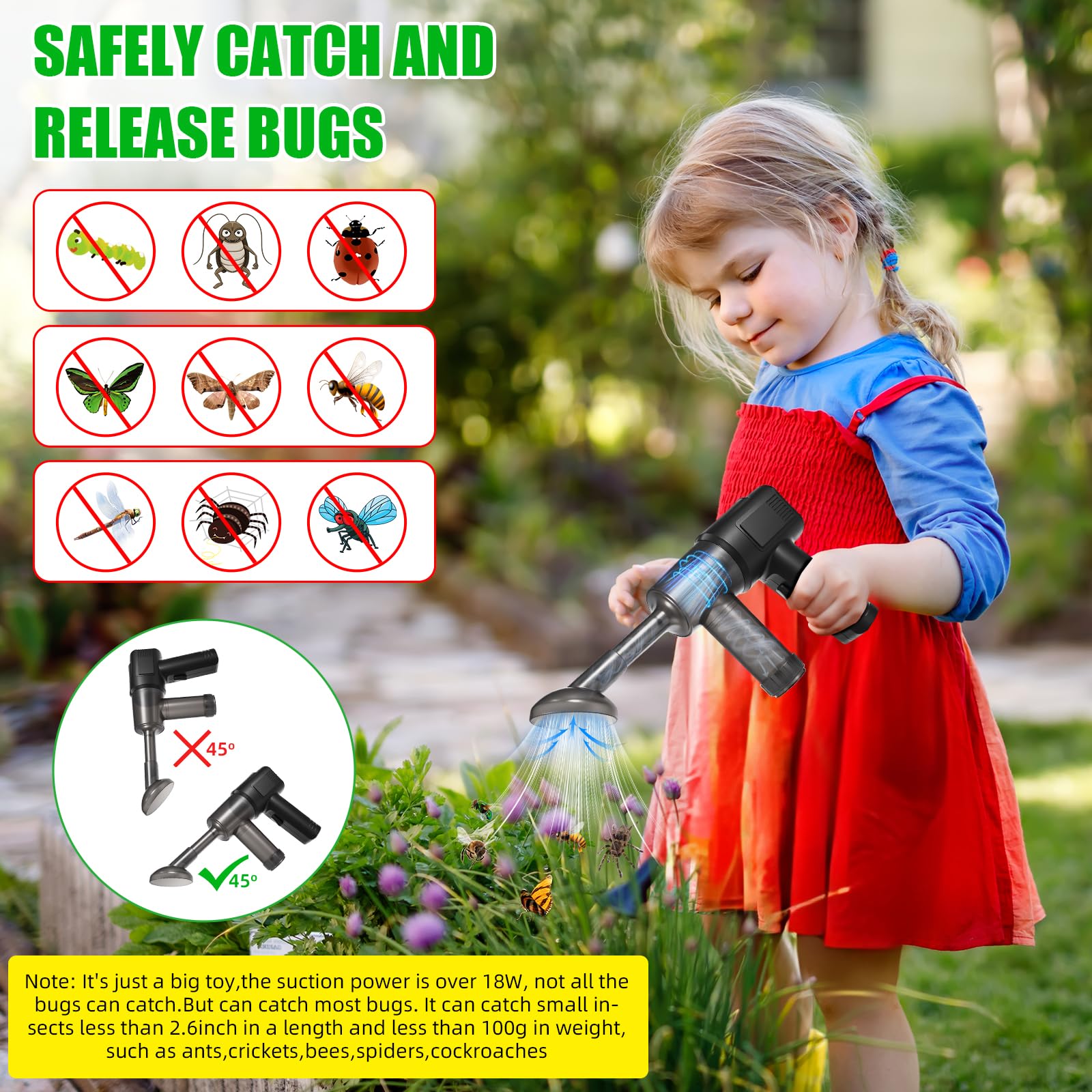 Bug Catcher for Kids,Strong Suction Bug Suction Toy Vacuum,Catch and Release Indoor/Outdoor Play,Cordless Rechargeable Insect Vacuum Cleaner Bug Sucker for Spider,Insect,Wasp,Bees,Mosquito,Moth