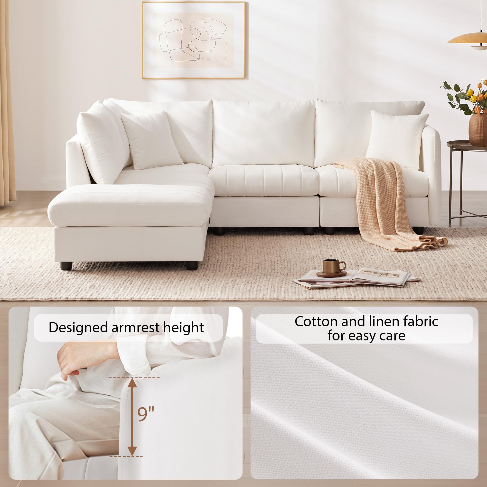 WIIS' IDEA Convertible Sectional Sofa Couch,2 Pillows,5-Seat Couch with Convertible Ottoman,Various Combinations,L-Shape Indoor Furniture for Living Room,Apartment,Office（White）