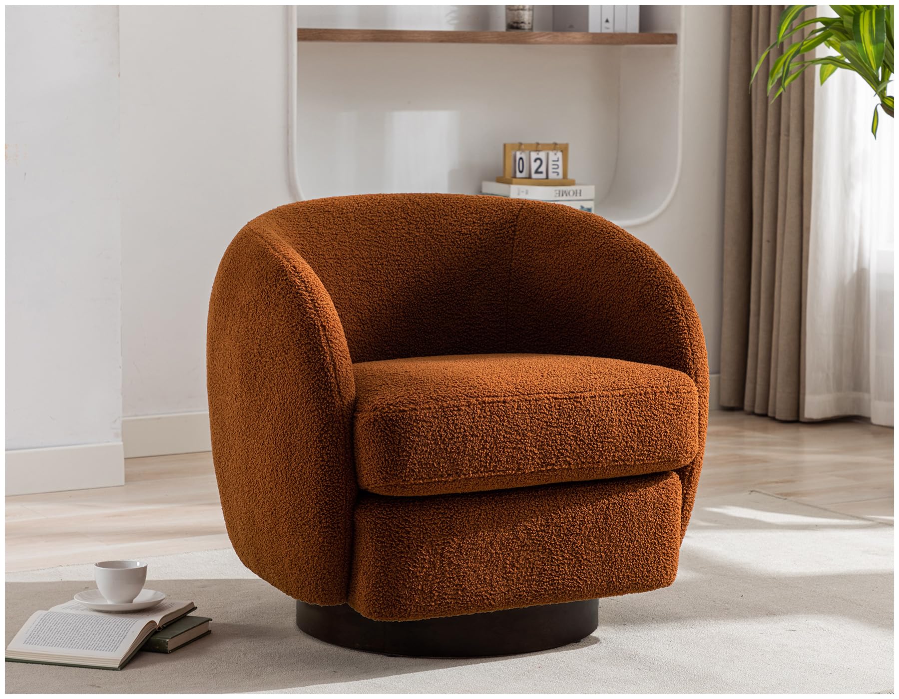 obmedin Swivel Accent Barrel Armchair with Wood Base Round Boucle Modern Upholstered Accent Chair for Nursery Living Room Bedroom Nursery Club, Burnt Orange