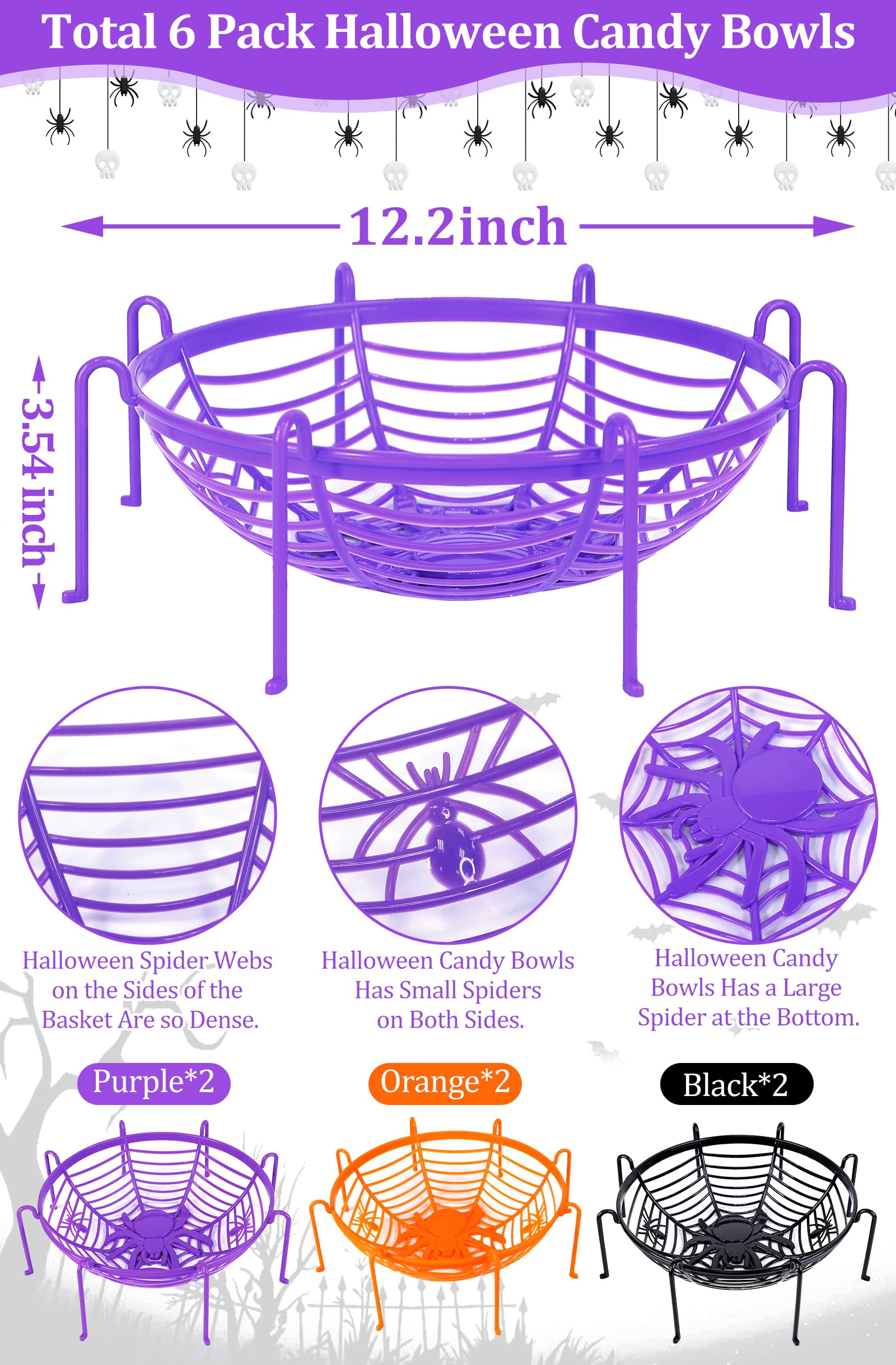 TURNMEON 6 Pcs 12.2 Inch Large Size Halloween Candy Bowls, Spider Web Bowls Halloween Decorations Black Orange Purple Halloween Bowls Trick Or Treat Halloween Candy Dish Party Table Desk Home Decor