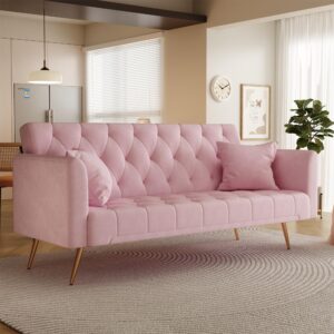 sumkea 71'' modern velvet futon sofa bed, loveseat sofa, convertible folding sleeper couches with adjustable backrests and 2 pillow, lounge sofa with golden chrome legs, pink