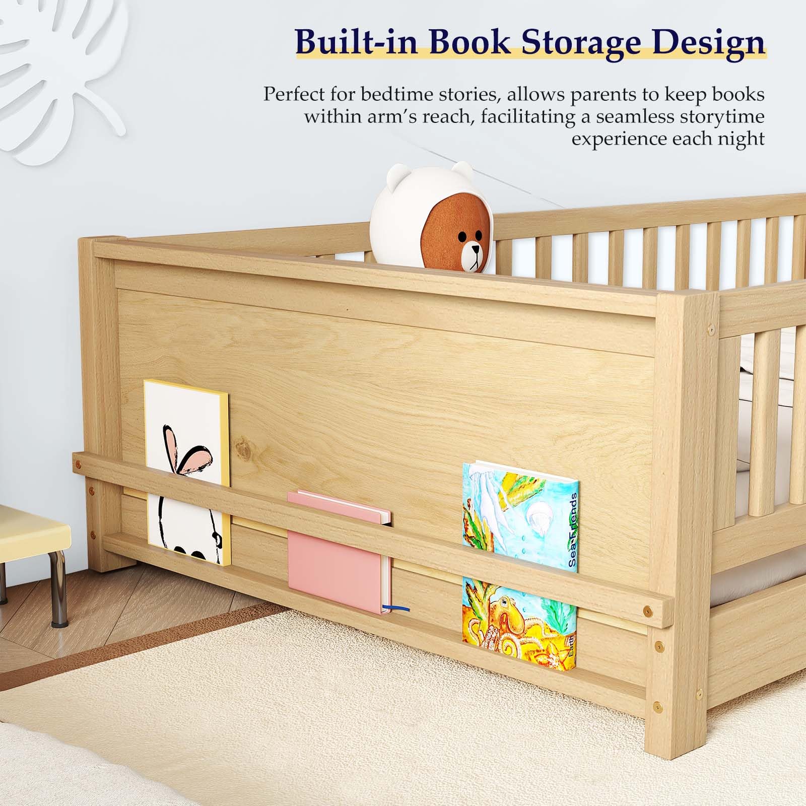 Tatub Twin Floor Bed with Slats, Montessori Bed with Rails, Kids Floor Bed with Built-in Book Storage Rack, Solid Wood Montessori Bed Frame with Door, Nature