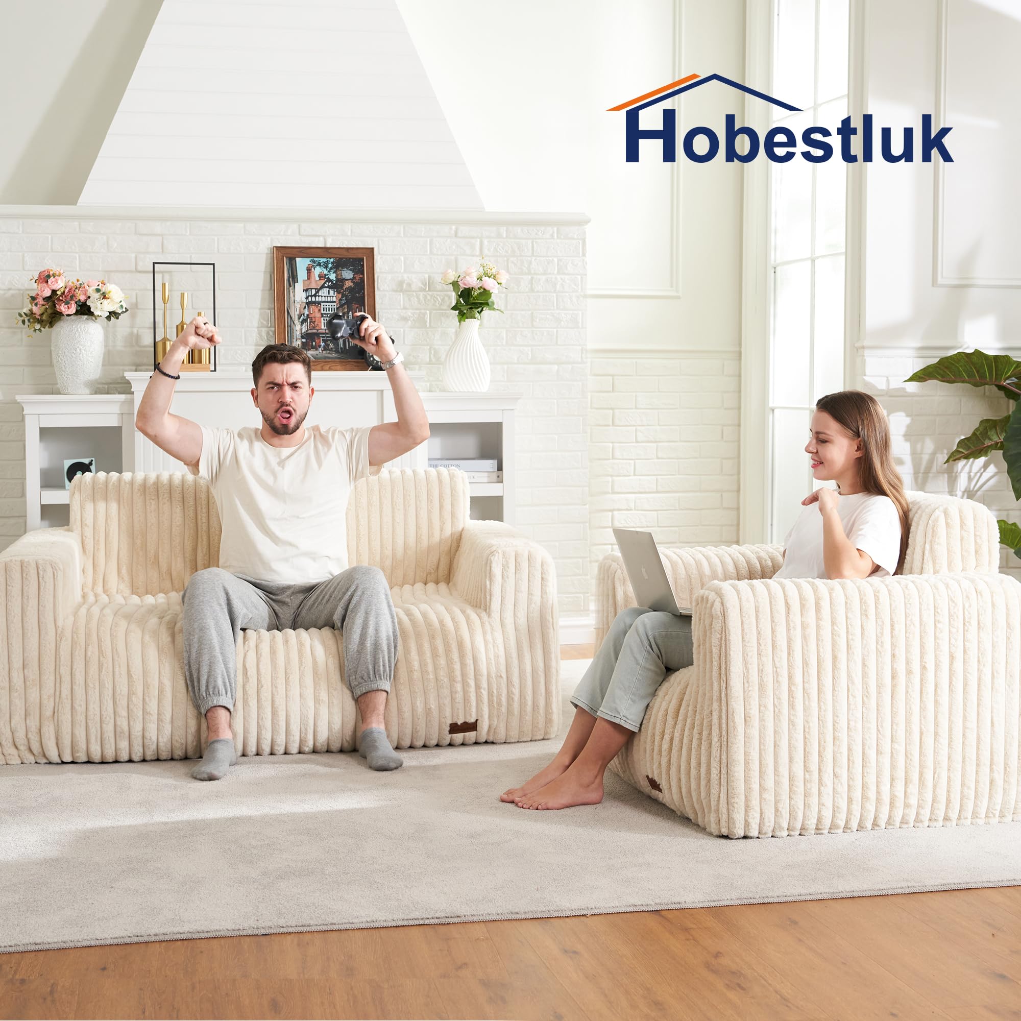 Hobestluk Bean Bag Chairs Sofa for Adults Fluffy Bean Bag Chair with Armrest Comfy Plush BeanBag Sofa Sack Memory Foam Sofa with Handle for Living Room, Bedroom, Apartment, Dorms (Beige)