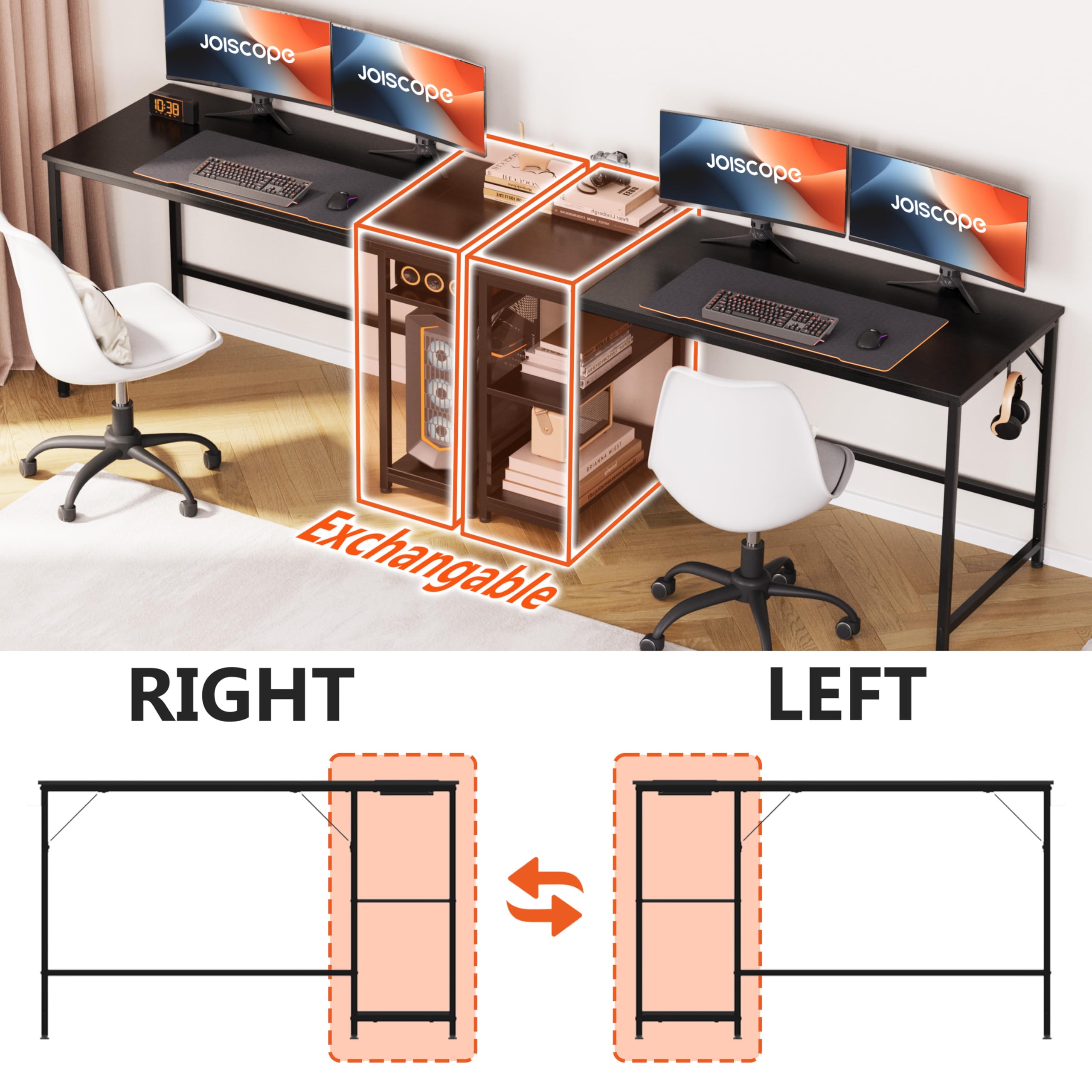 JOISCOPE Home Office Desk with Double Reversible Side Shelves and Headphone Hooks, Small Computer Desk for Working, Gaming, Studying, 40 inches, Black