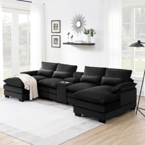 wiis' idea 123" modern sectional sofa couch,u-shaped sofa with console,cupholders and usb ports,6-seat upholstered,sleeper couch set with chaise,sectional couches for living room,apartment（black）