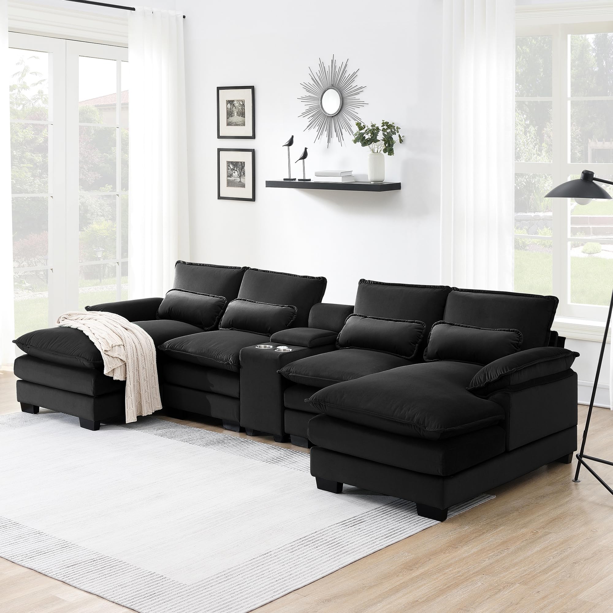 WIIS' IDEA 123" Modern Sectional Sofa Couch,U-Shaped Sofa with Console,Cupholders and USB Ports,6-seat Upholstered,Sleeper Couch Set with Chaise,Sectional Couches for Living Room,Apartment（Black）