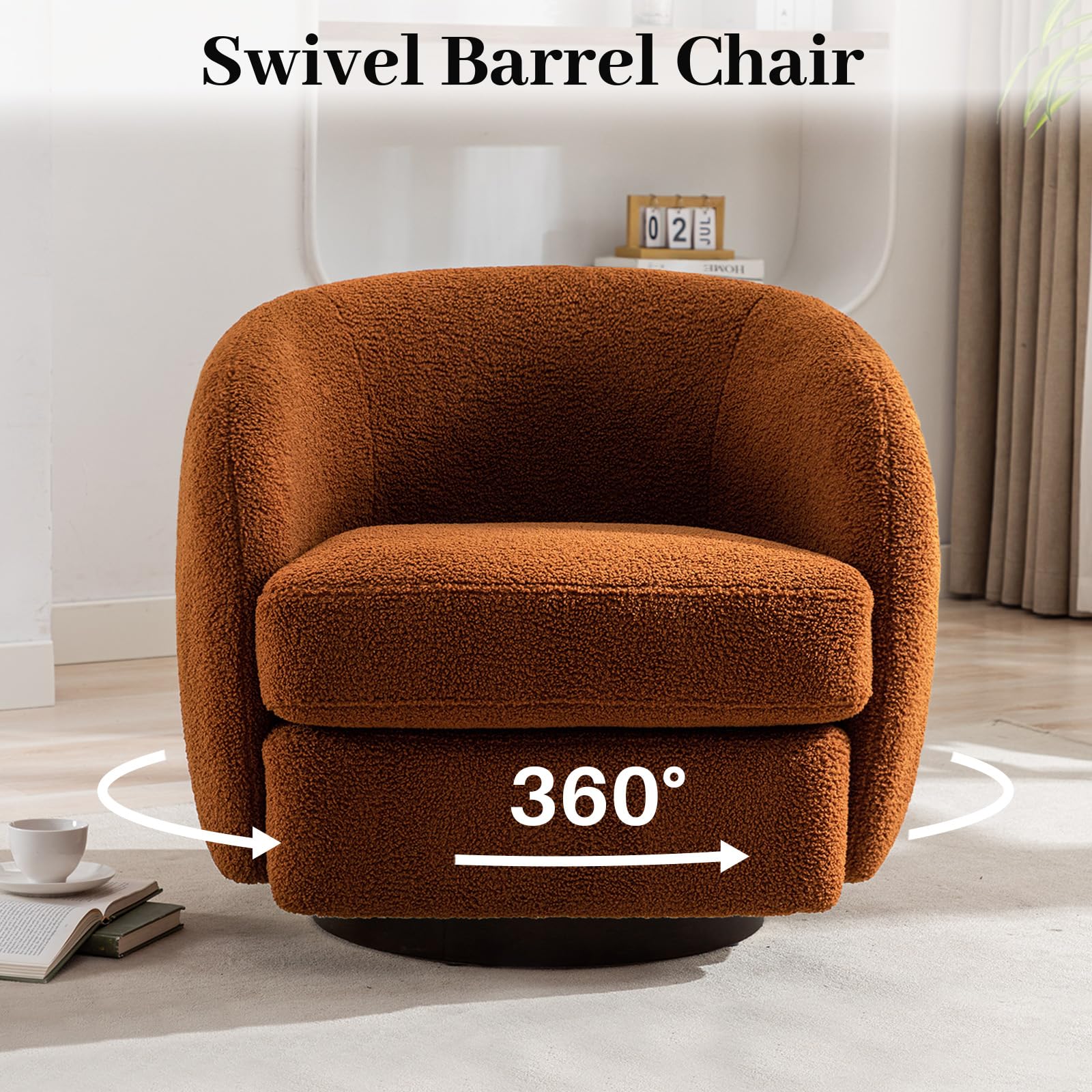 obmedin Swivel Accent Barrel Armchair with Wood Base Round Boucle Modern Upholstered Accent Chair for Nursery Living Room Bedroom Nursery Club, Burnt Orange