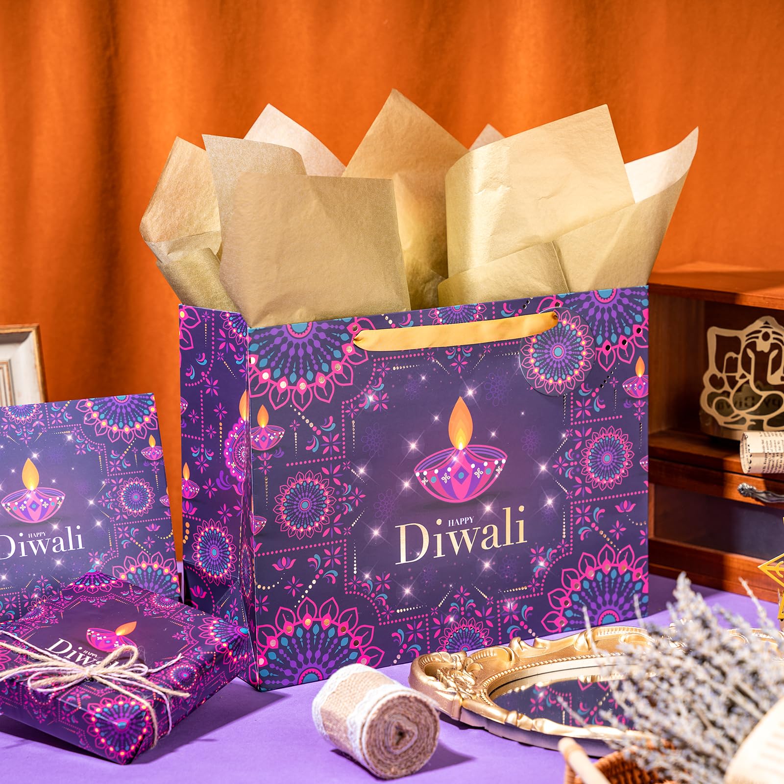 Loveinside Diwali Gift Bag with Tissue Paper, Gift Tag and Greeting Card for Diwali, Autumn, Holiday and Party - 13" x 5" x 10", 1 Pcs, Diwali