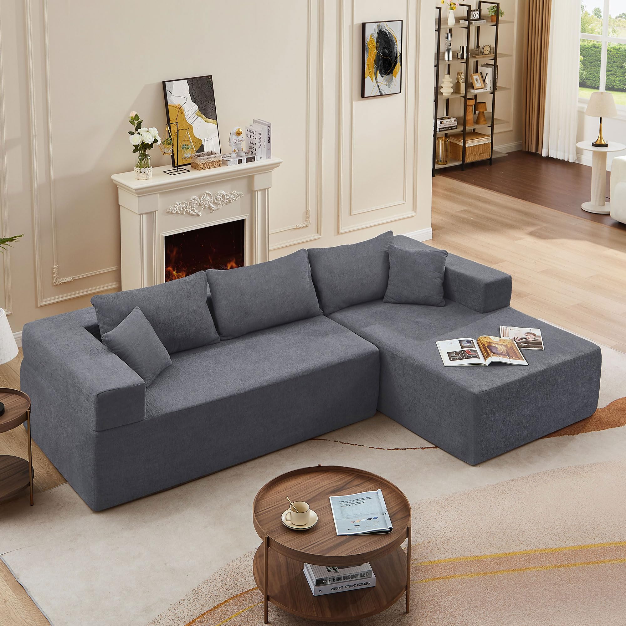 kevinplus 107.47 Sectional Sofa Couch with Chaise Lounge for Living Room, Modern L-Shape 4-Seat High-Density Sponge Floor Sofa Couch, No Assembly & Heightened Seat(Right-Facing, Gray)