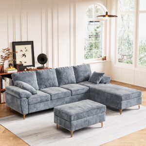 lamerge l shaped sectional couch for living room, velvet modular sectional sofa set with ottoman & chaise, comfy living room furniture sets with 2 pillows, oversized corner sofa couch, grey