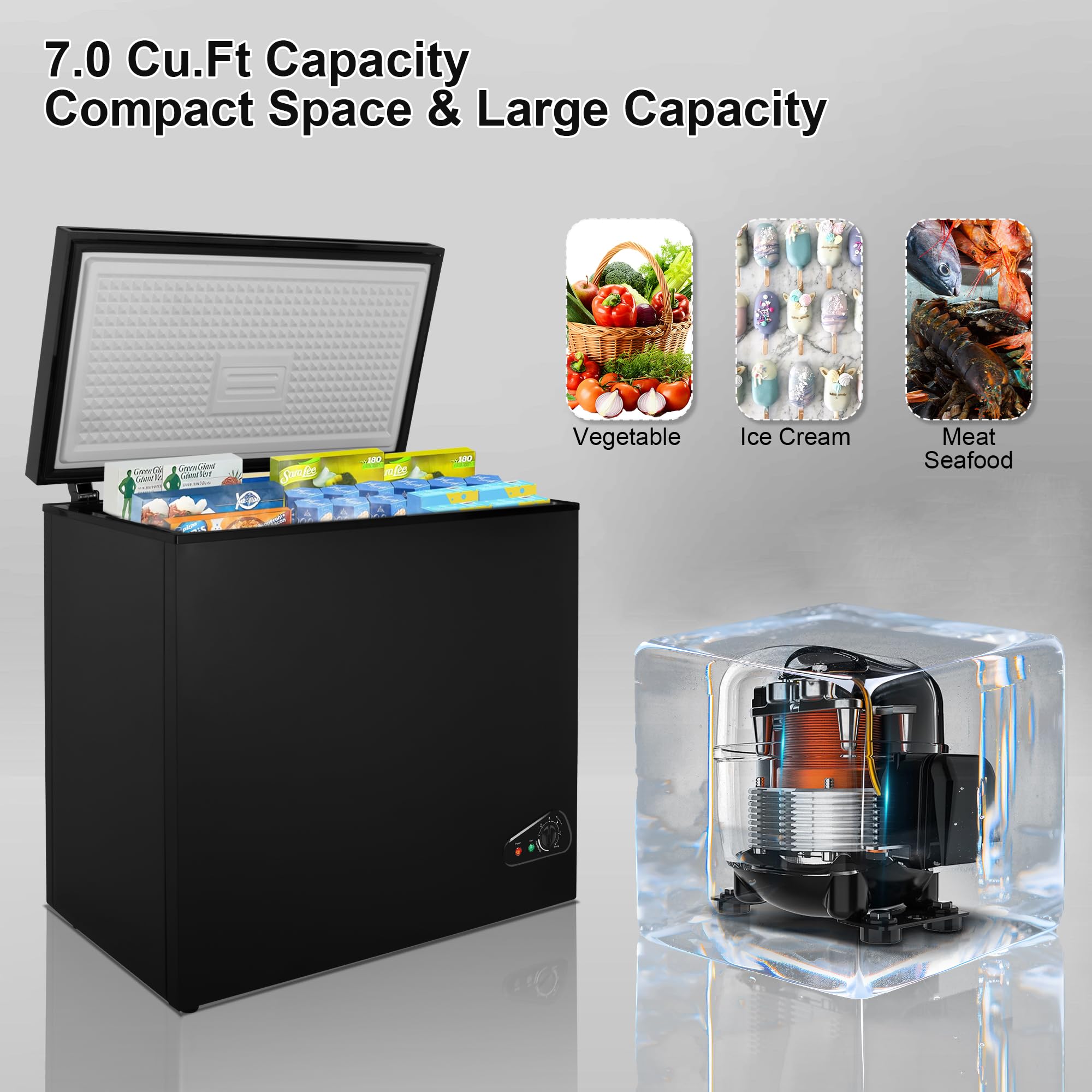 Compact Chest Freezer 7.0 Cu.Ft, Mini Deep Freezer with 2 Removable Storage Basket, Top Open Door Small Chest Freezer with 7 Level Adjustable Temperature, Compact Freezer for Home Kitchen Office