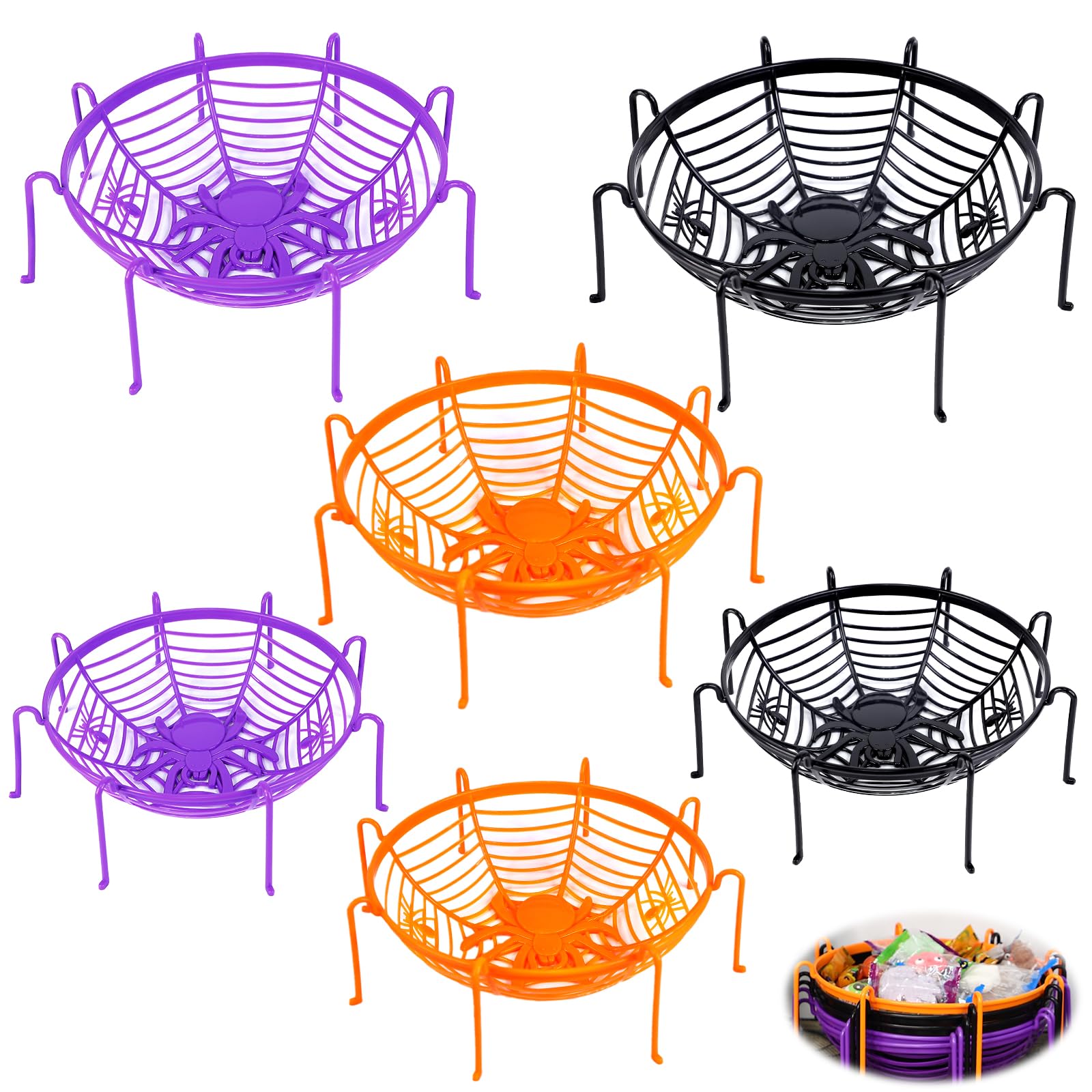 TURNMEON 6 Pcs 12.2 Inch Large Size Halloween Candy Bowls, Spider Web Bowls Halloween Decorations Black Orange Purple Halloween Bowls Trick Or Treat Halloween Candy Dish Party Table Desk Home Decor