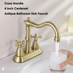 Antique Bathroom Faucet Brushed Gold, Senhozi Cross Handles Centerset Bathroom Faucet for Sink 3 Hole with Overflow Pop Up Drain Assembly and Supply Hose, SUS304 RV Bathroom Faucet 3 Hole, SE-0038-BG