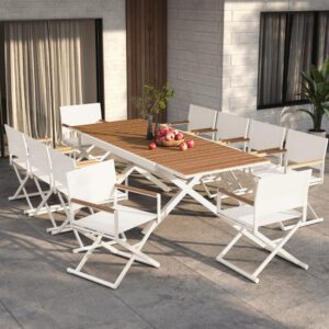 grand patio 11-piece outdoor dining set, 10 extra-wide foldable chairs & 1 extendable table, uv-resistant mesh patio furniture set, wood grain tabletop for garden, yard and terrace, apricot