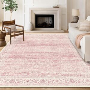 brakki area rugs 5x7, pink washable rugs for living room bedroom dining room kitchen, ultra thin soft boho rug non slip, vintage distressed carpet floral rug for home