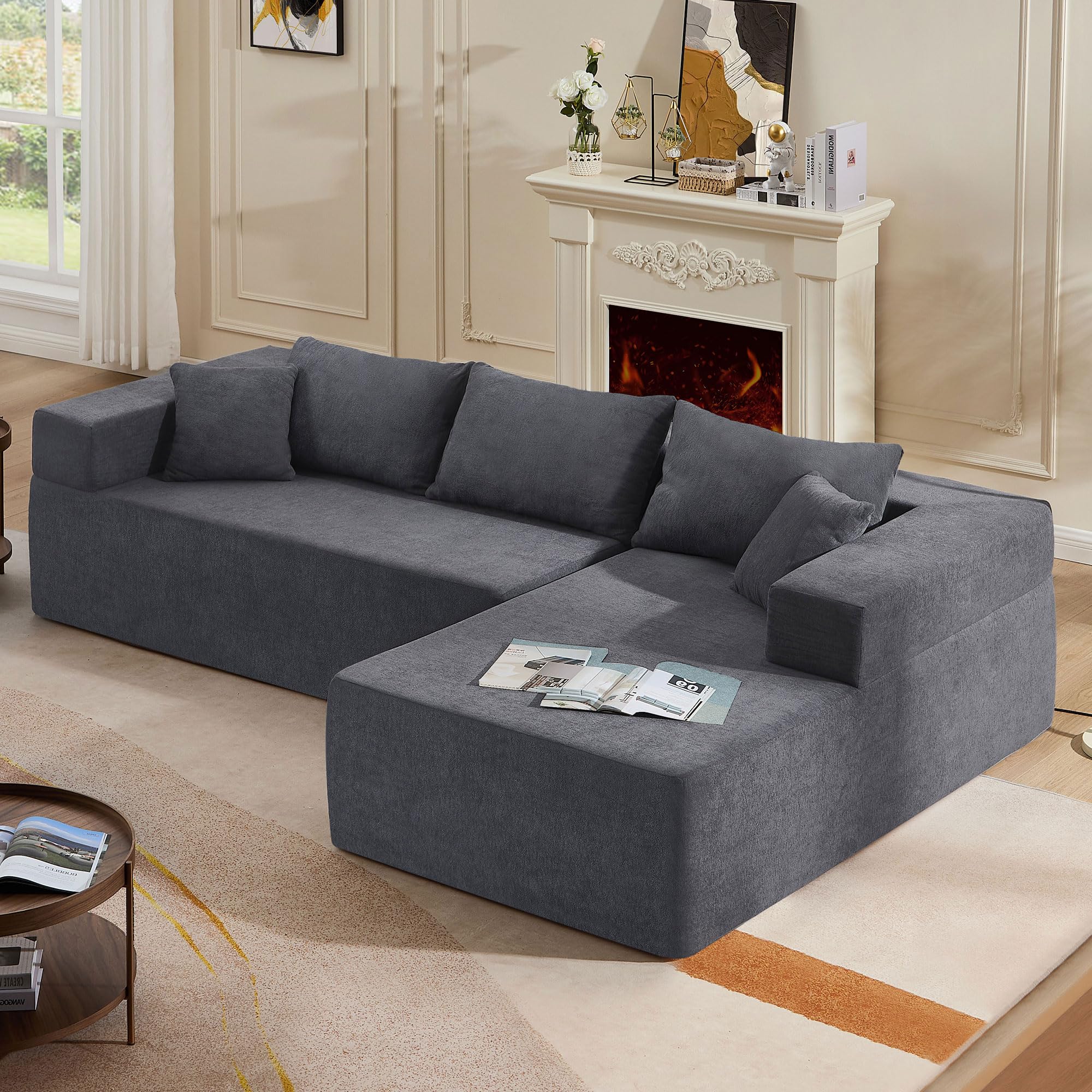 kevinplus 107.47 Sectional Sofa Couch with Chaise Lounge for Living Room, Modern L-Shape 4-Seat High-Density Sponge Floor Sofa Couch, No Assembly & Heightened Seat(Right-Facing, Gray)