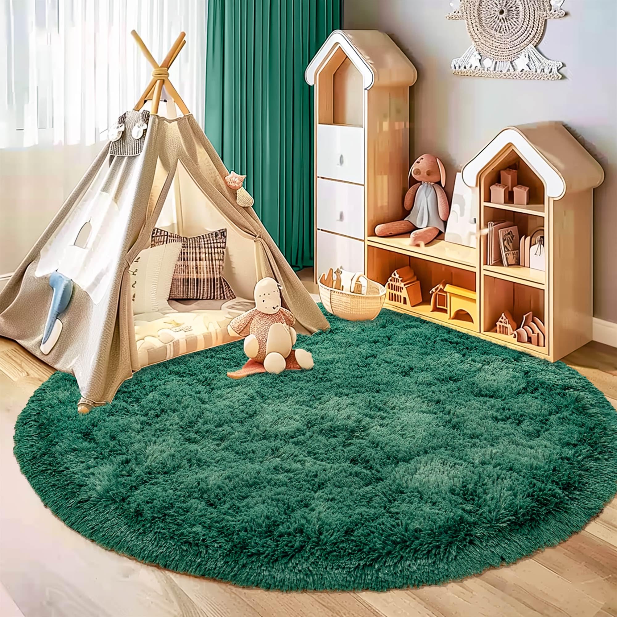 Awaytail Round Fluffy Rug 4FT Green - Super Soft Circle Rug for Kids Room - Shaggy Circular Rug for Nursery Fuzzy Plush Rug for Teen's - Furry Carpet for Boys Girls Room