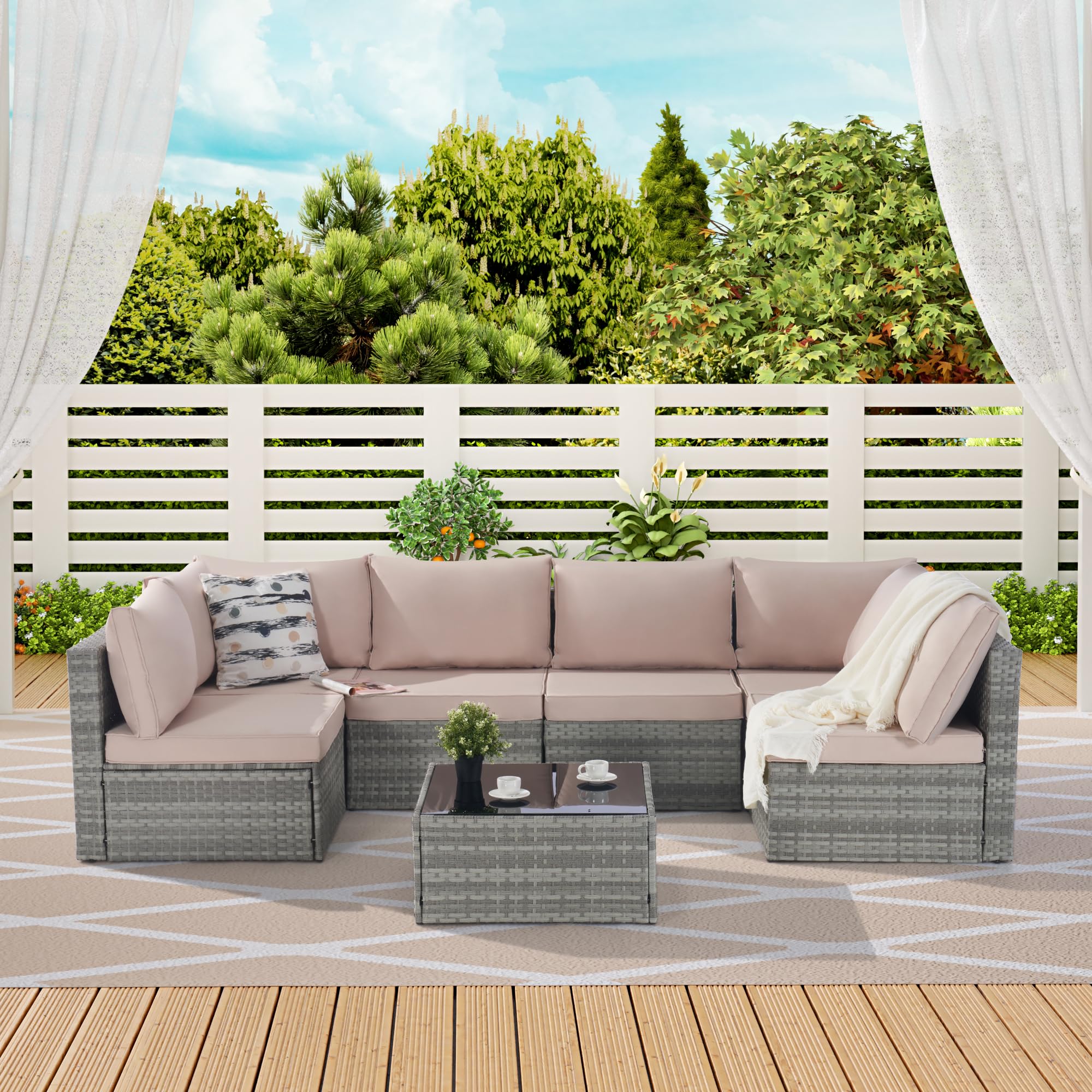 Voykuy 7-Piece Patio Sofa and Table Set - Hand Woven Rattan Outdoor Sofa Set Patio Conversation Set with Table & Cushions Porch Furniture for Garden, Poolside, Backyard, Patio, Backyard, Porch (Pink)