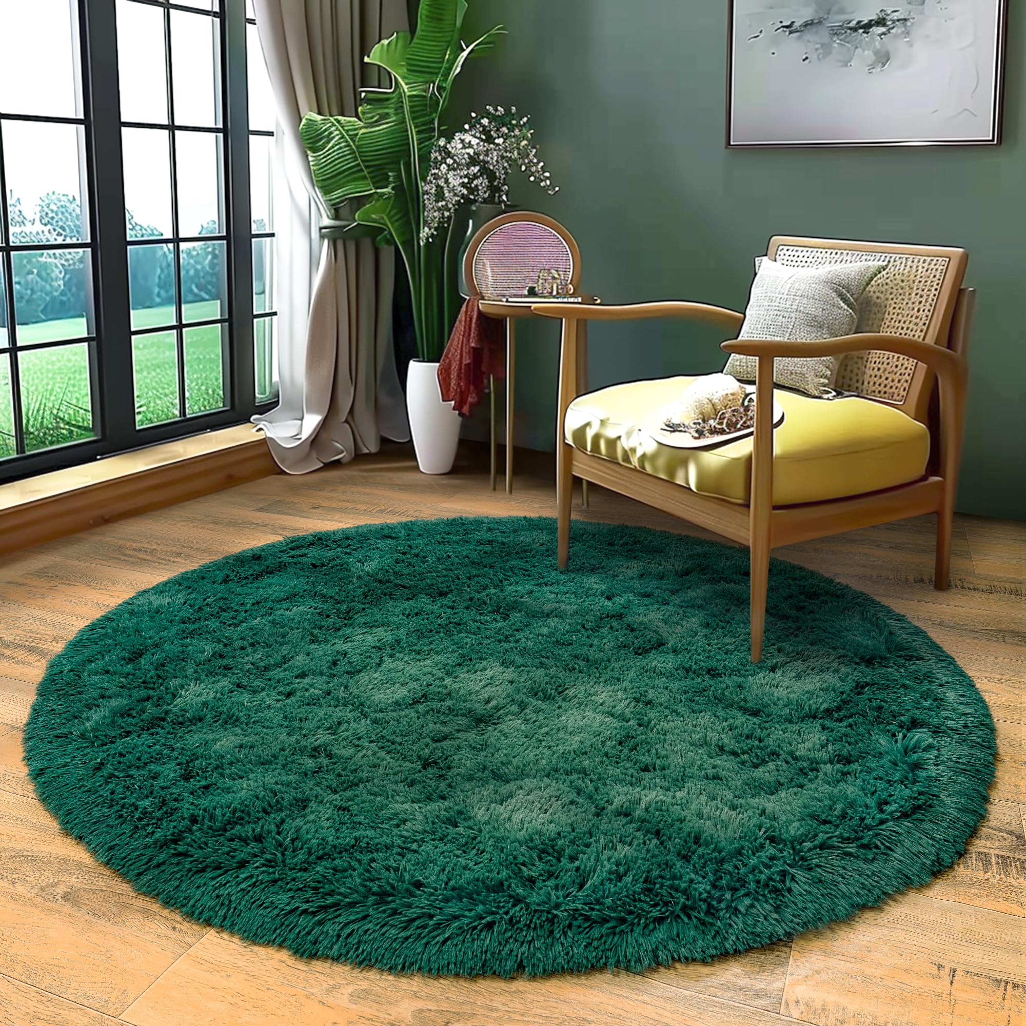 Awaytail Round Fluffy Rug 4FT Green - Super Soft Circle Rug for Kids Room - Shaggy Circular Rug for Nursery Fuzzy Plush Rug for Teen's - Furry Carpet for Boys Girls Room