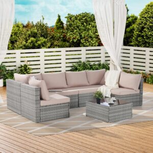 voykuy 7-piece patio sofa and table set - hand woven rattan outdoor sofa set patio conversation set with table & cushions porch furniture for garden, poolside, backyard, patio, backyard, porch (pink)