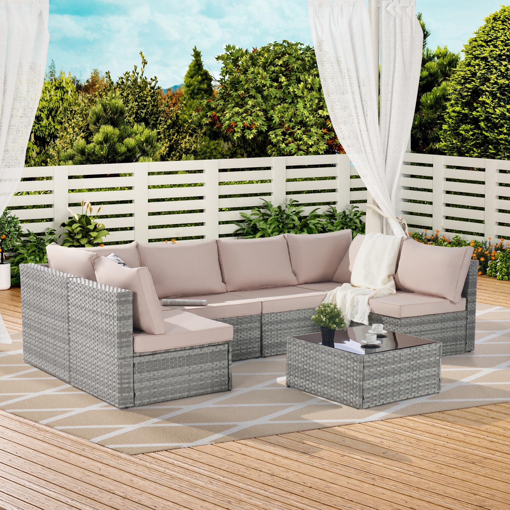 Voykuy 7-Piece Patio Sofa and Table Set - Hand Woven Rattan Outdoor Sofa Set Patio Conversation Set with Table & Cushions Porch Furniture for Garden, Poolside, Backyard, Patio, Backyard, Porch (Pink)