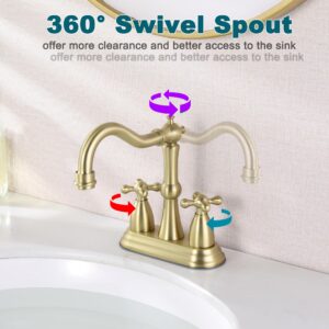 Antique Bathroom Faucet Brushed Gold, Senhozi Cross Handles Centerset Bathroom Faucet for Sink 3 Hole with Overflow Pop Up Drain Assembly and Supply Hose, SUS304 RV Bathroom Faucet 3 Hole, SE-0038-BG