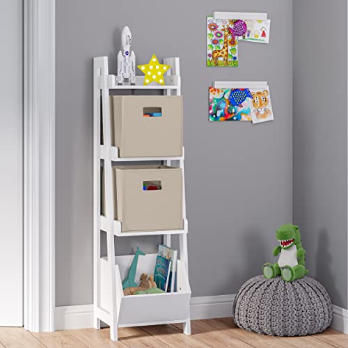 RiverRidge Kids 4-Tier Ladder Shelf Toy Organizer with Toy Storage with 3 Open Display Shelves, Spacious Book Storage for Book Nook