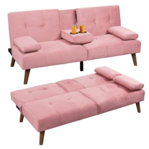 shintenchi futon sofa bed, convertible couch bed loveseat, modern futon recliner sleeper, small lazy futon set for living room, office, apartment, pink