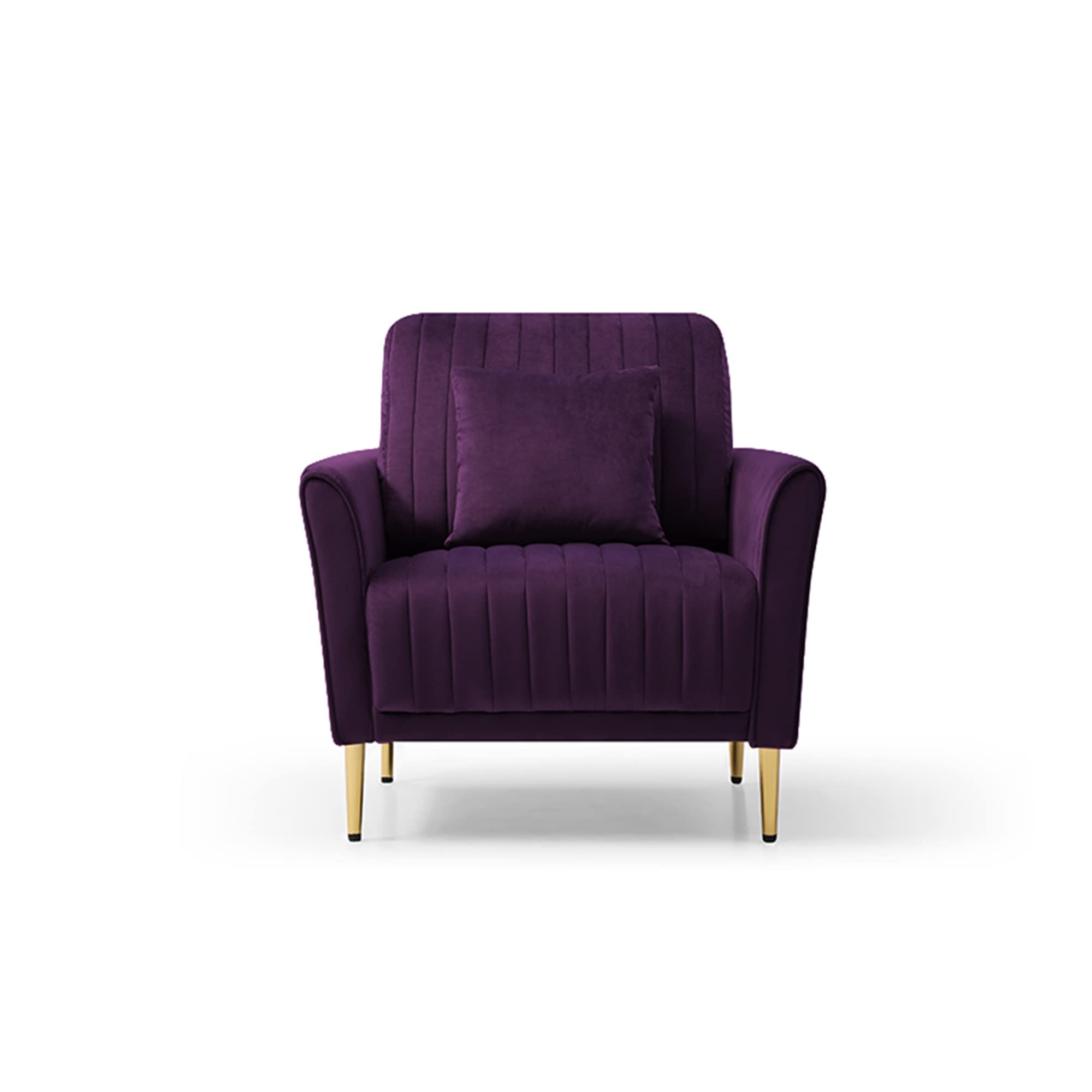 WILLIAMSPACE 31.5" Velvet Single Sofa Chair, Modern Upholstered Armchair with 1 Toss Pillow & Gold Legs, Small Luxury Couch Chair for Living Room, Reading Sofa for Bedroom Apartment, Velvet (Purple)