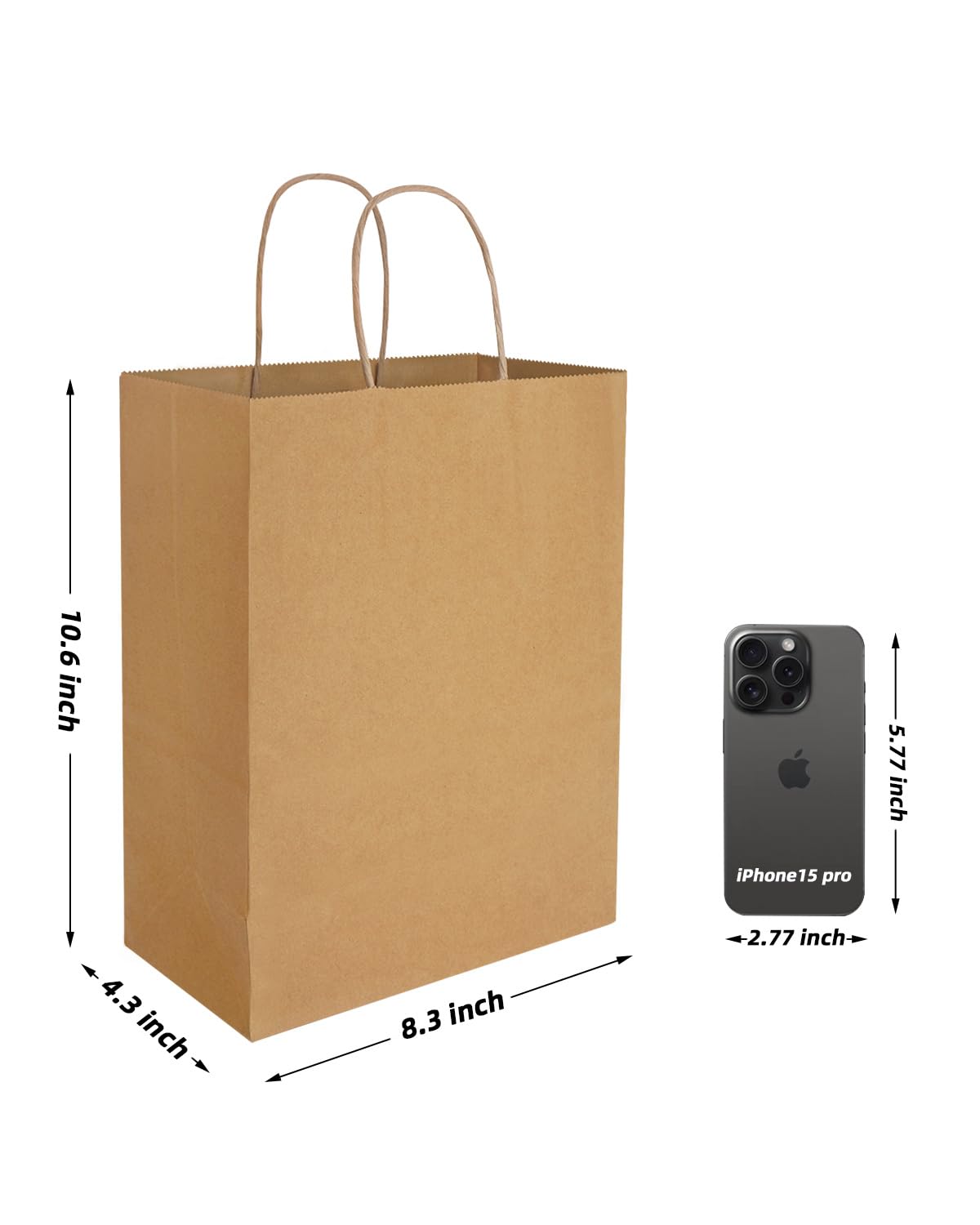 Colemoly Kraft Paper Bags 8.3x4.6x10.6 Inch 100Pcs Recyclable Brown Gift Bags with Handles for Retail, Boutiques, Corporate Gifting, Party Favors, and Small Business