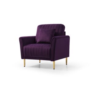 WILLIAMSPACE 31.5" Velvet Single Sofa Chair, Modern Upholstered Armchair with 1 Toss Pillow & Gold Legs, Small Luxury Couch Chair for Living Room, Reading Sofa for Bedroom Apartment, Velvet (Purple)