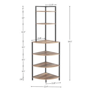 JOIN IRON Freestanding Corner Shelf, Industrial Style 6-Layer Corner Bookshelf with Metal Frame, Suitable for Corner bookcases in Small Spaces, bedrooms, Living Rooms, Rustic Brown