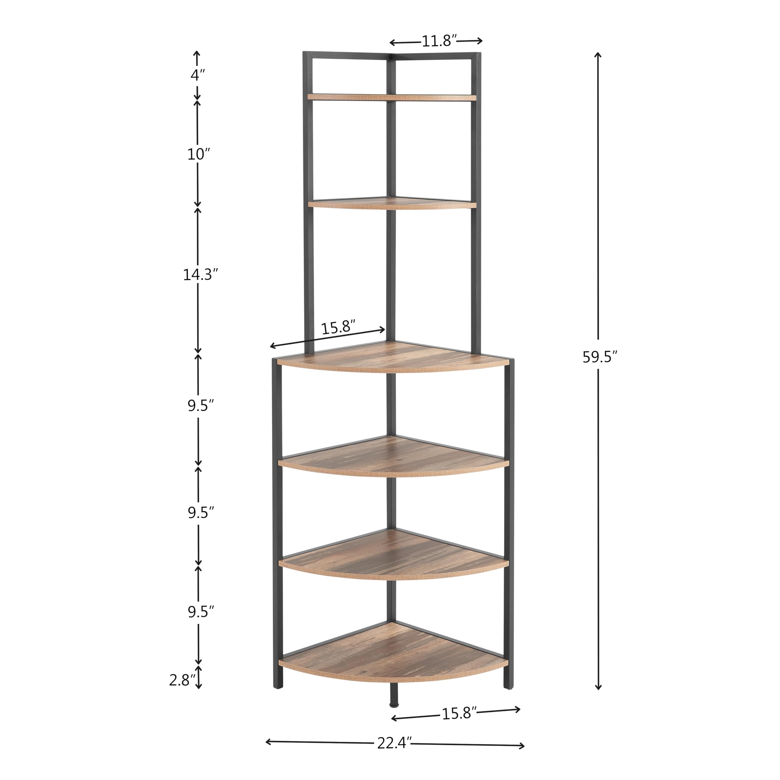 JOIN IRON Freestanding Corner Shelf, Industrial Style 6-Layer Corner Bookshelf with Metal Frame, Suitable for Corner bookcases in Small Spaces, bedrooms, Living Rooms, Rustic Brown